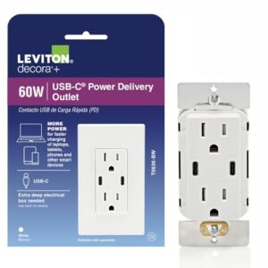 leviton t5636-w 60w usb dual type-c power delivery in-wall charger with 15a outlet, usb charger for laptops, smartphones, tablets, and more, white