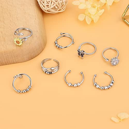 THUNARAZ 8 Pcs Silver Fidget Anxiety Rings for Women Adjustable Sunflower Butterfly Spinner Rings for Anxiety Rotatable Fidget Bead Ring for Stress Relieving with Box