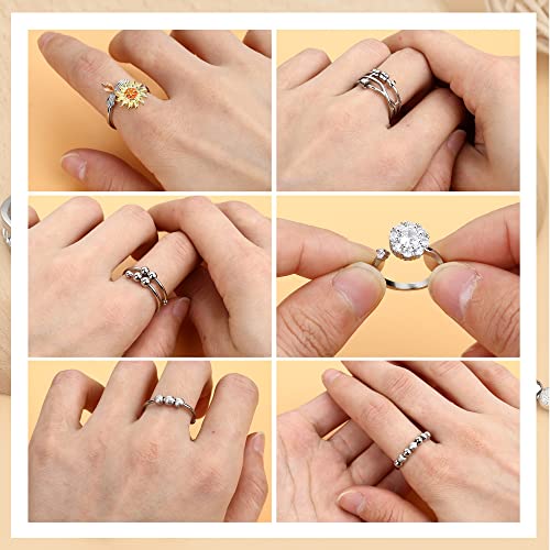 THUNARAZ 8 Pcs Silver Fidget Anxiety Rings for Women Adjustable Sunflower Butterfly Spinner Rings for Anxiety Rotatable Fidget Bead Ring for Stress Relieving with Box