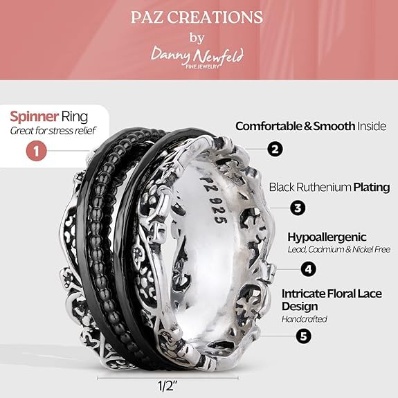 Paz Creations 925 Sterling Silver Spinner Ring/Fidget Ring/Anxiety Ring - 925 Sterling Silver Rings for Women, Stylish Boho Ring (Black Ruthenium, Size 9)