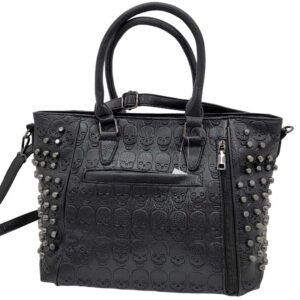 EMBOSSED SKULL LEATHERETTE BAGS TOTE STYLE SKULL HANDBAGS RHINESTONE SKULL PURSES (BHW79-BLACK)