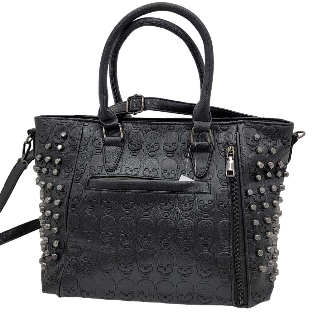 EMBOSSED SKULL LEATHERETTE BAGS TOTE STYLE SKULL HANDBAGS RHINESTONE SKULL PURSES (BHW79-BLACK)