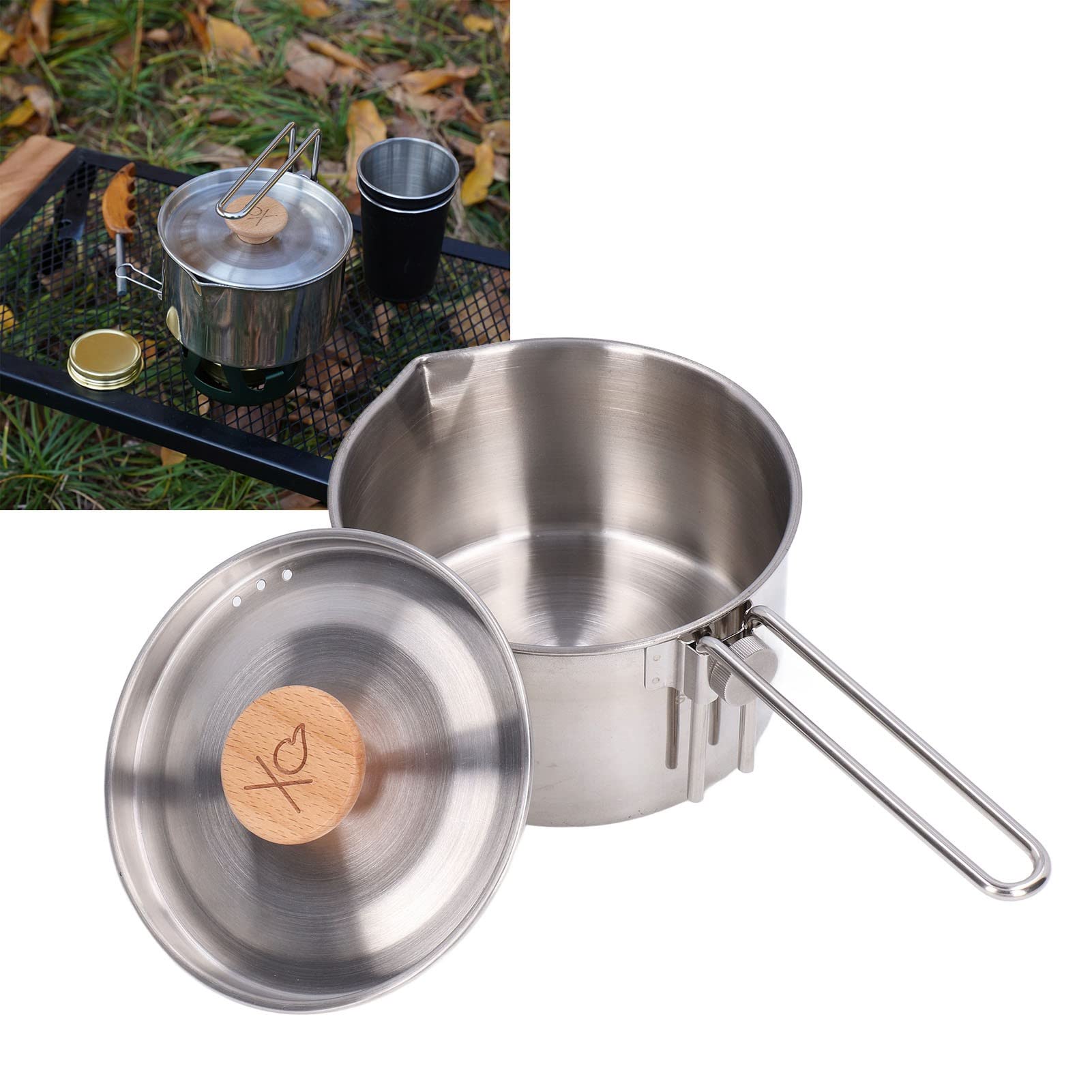 CHICIRIS 1000ml Camping Pot Stainless Steel Portable Outdoor Tea Coffee Pot with Detachable Handle for Picnic Hiking with Vent