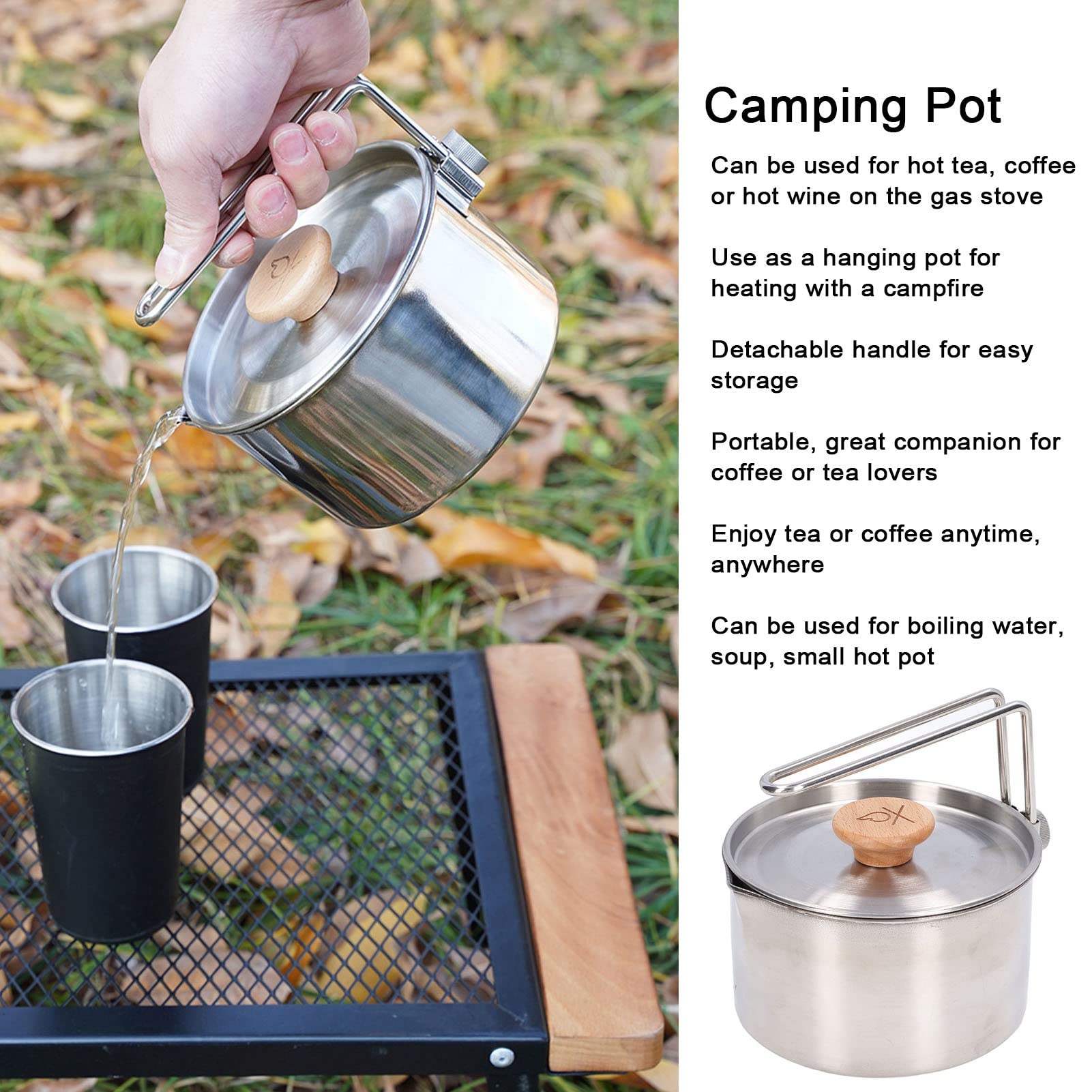 CHICIRIS 1000ml Camping Pot Stainless Steel Portable Outdoor Tea Coffee Pot with Detachable Handle for Picnic Hiking with Vent