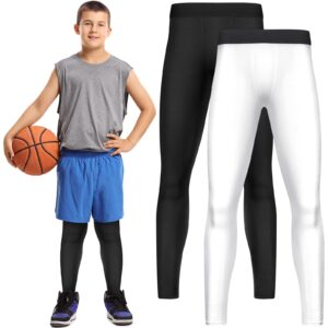 haysandy boys' compression leggings 2 pack athletic tights basketball compression pants boys sport leggings (black, white, medium)