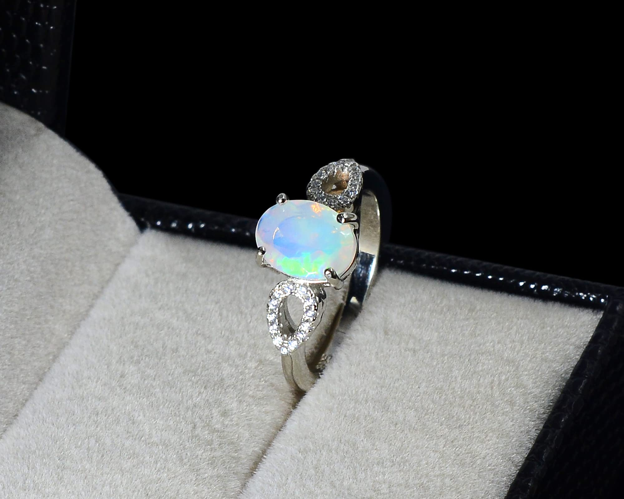 Natural 9X7 MM Ethiopian Welo Cut Opal Gemstone 925 Sterling Silver October Birthstone Wedding Jewelry Engagement Ring Gift For Her (Rose Gold Rhodium Plated Silver, 10)