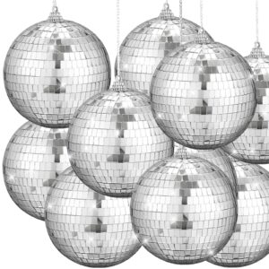 yookeer 12 pack 4 inch mirror disco ball decorations small silver hanging ornaments reflective with attached string for ring dj stage lighting effect for school festival fun 50s 60s 70s party decor