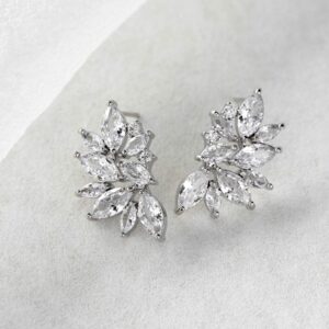 SWEETV Cluster Bridal Wedding Earrings for Brides Bridesmaid, Marquise Cubic Zirconia Rhinestone Stud Earrings for Women, Prom, Silver