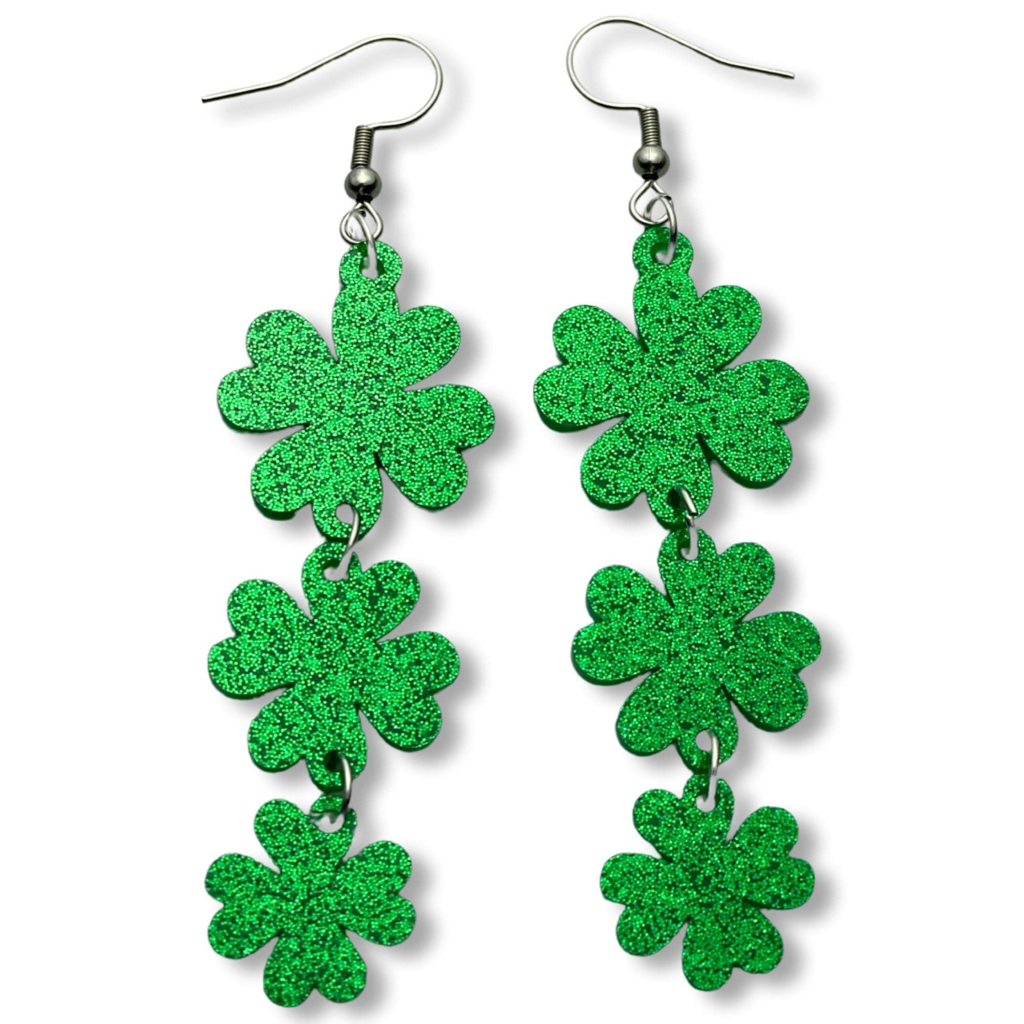 Soul Statement Women's Saint Patrick's Day Jewelry, Clover Shamrock Earrings, Green Glitter St Patty's Accessories (Green Shamrock Dangles)