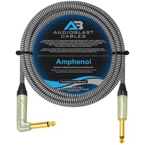 audioblast cables 12 foot - audioblast hq-1-braid (black+white)flexible, shielded - guitar bass instrument cable w/amphenol q-series angled & straight gold ts plugs