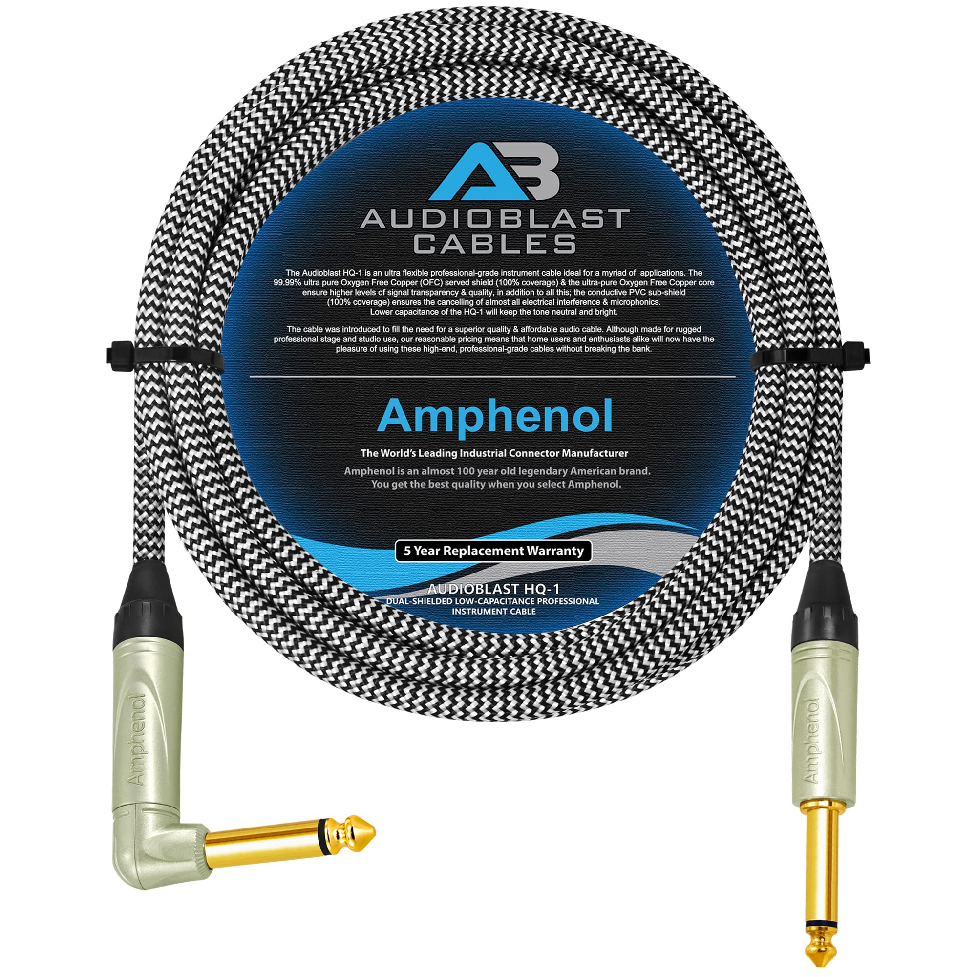 AUDIOBLAST CABLES 12 Foot - Audioblast HQ-1-BRAID (Black+White)Flexible, Shielded - Guitar Bass Instrument Cable w/Amphenol Q-Series Angled & Straight Gold TS Plugs