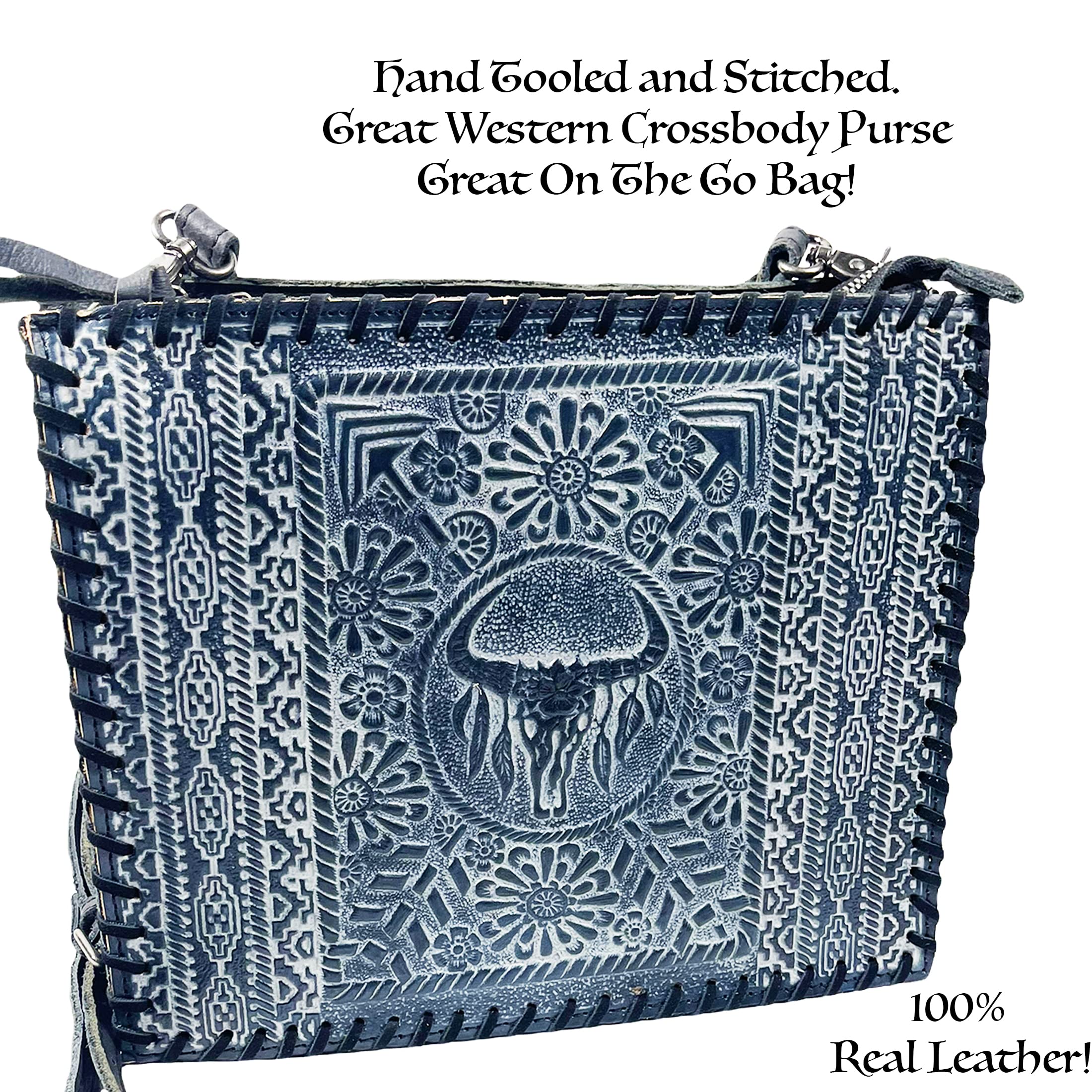 Urbalabs Western Crossbody Purse Large Handbag Genuine Leather Longhorn Cow Skull Tooled Tote Bag Hand Stitched (Blue)