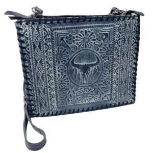 urbalabs western crossbody purse large handbag genuine leather longhorn cow skull tooled tote bag hand stitched (blue)