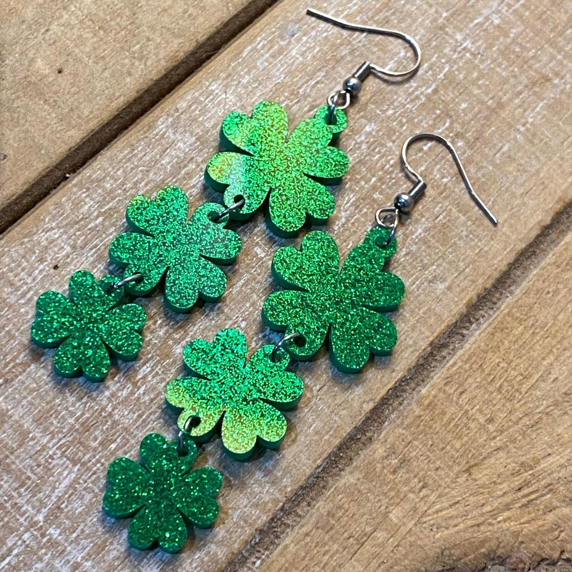 Soul Statement Women's Saint Patrick's Day Jewelry, Clover Shamrock Earrings, Green Glitter St Patty's Accessories (Green Shamrock Dangles)