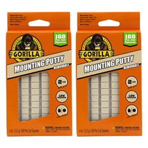 gorilla mounting putty, non-toxic hanging adhesive, removeable & repositionable, 168 pre-cut squares, 2pk - 4oz/113g, natural tan color, (pack of 2)