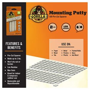 Gorilla Mounting Putty, Non-Toxic Hanging Adhesive, Removeable & Repositionable, 168 Pre-Cut Squares, 2pk - 4oz/113g, Natural Tan Color, (Pack of 2)