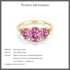 Gem Stone King 10K Yellow Gold Pink Moissanite and White Diamond 3-Stone Engagement Ring For Women (2.34 Cttw, Oval 8X6MM and 6X4MM, Gemstone Birthstone) (Size 8)