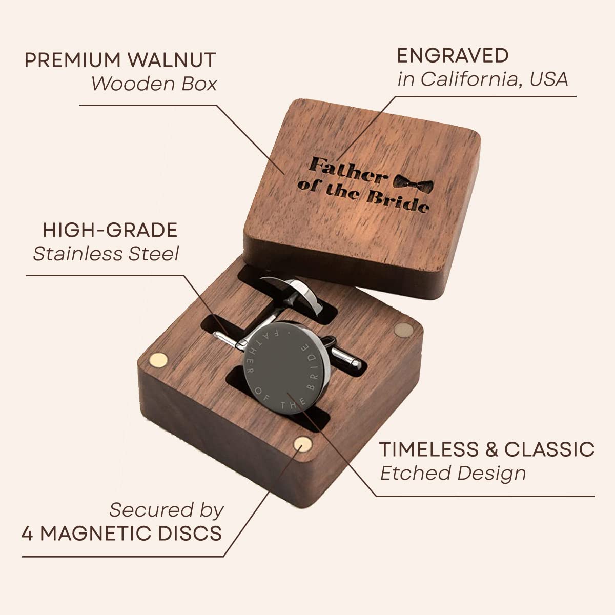 MUUJEE Cufflinks with Engraved Wood Gift Box - Father Of The Bride Gift on Wedding Day Marriage Ceremony for Dad FIL from Daughter Son In Law, Tuxedo Dress Shirt Studs Accessory, Meaningful Keepsake