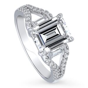 berricle sterling silver solitaire wedding engagement rings 2.6 carat step emerald cut cubic zirconia cz split shank ring for women, rhodium plated size 6