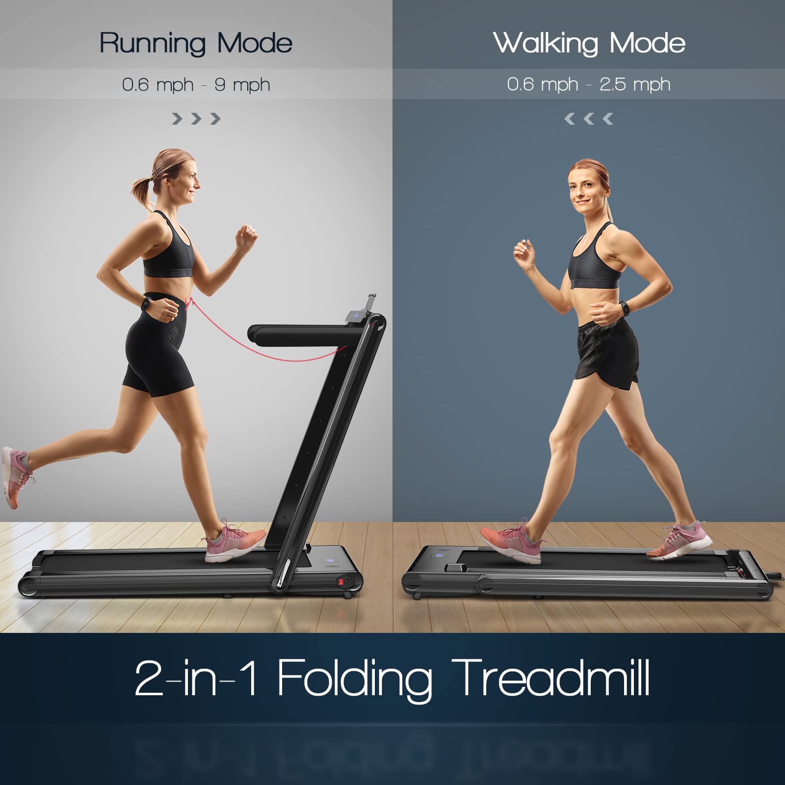 Goplus 2-in-1 Folding Treadmill, 2.25HP Electric Under Desk Treadmill W/LED Display, Blue Tooth Speaker, APP & Remote Control, Phone Holder, Walking Running Machine for Home Office Gym (Black)