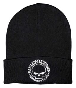 harley-davidson men's willie g skull logo embroidered cuffed beanie hat - black