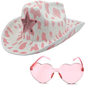 4e's novelty cow print cowboy hat with accessory, cowgirl hat for women men adult western party, cowgirl costume accessory (white & pink cowprint + heart shaped glasses)