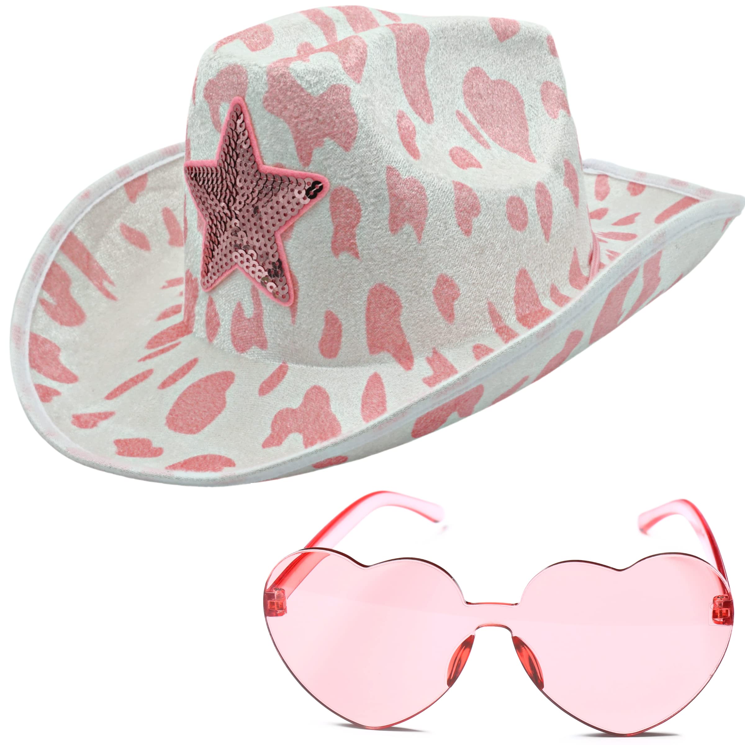 4E's Novelty Cow Print Cowboy Hat with Accessory, Cowgirl Hat for Women Men Adult Western Party, Cowgirl Costume Accessory (White & Pink Cowprint + Heart Shaped Glasses)