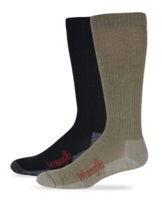 wrangler premier collection mens western over the calf merino wool all season boot socks 2 pair (black/tan, large)