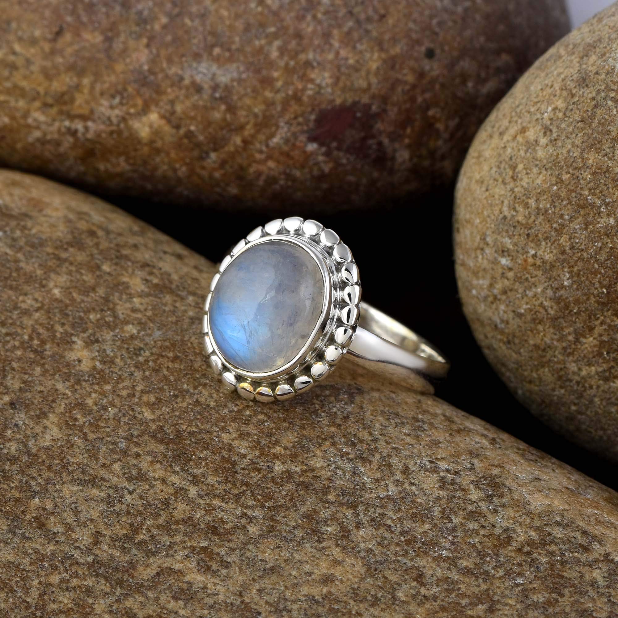 Sechi By Siblings Rainbow Moonstone Designer 925 Sterling Silver Engagement Ring Jewelry for Women