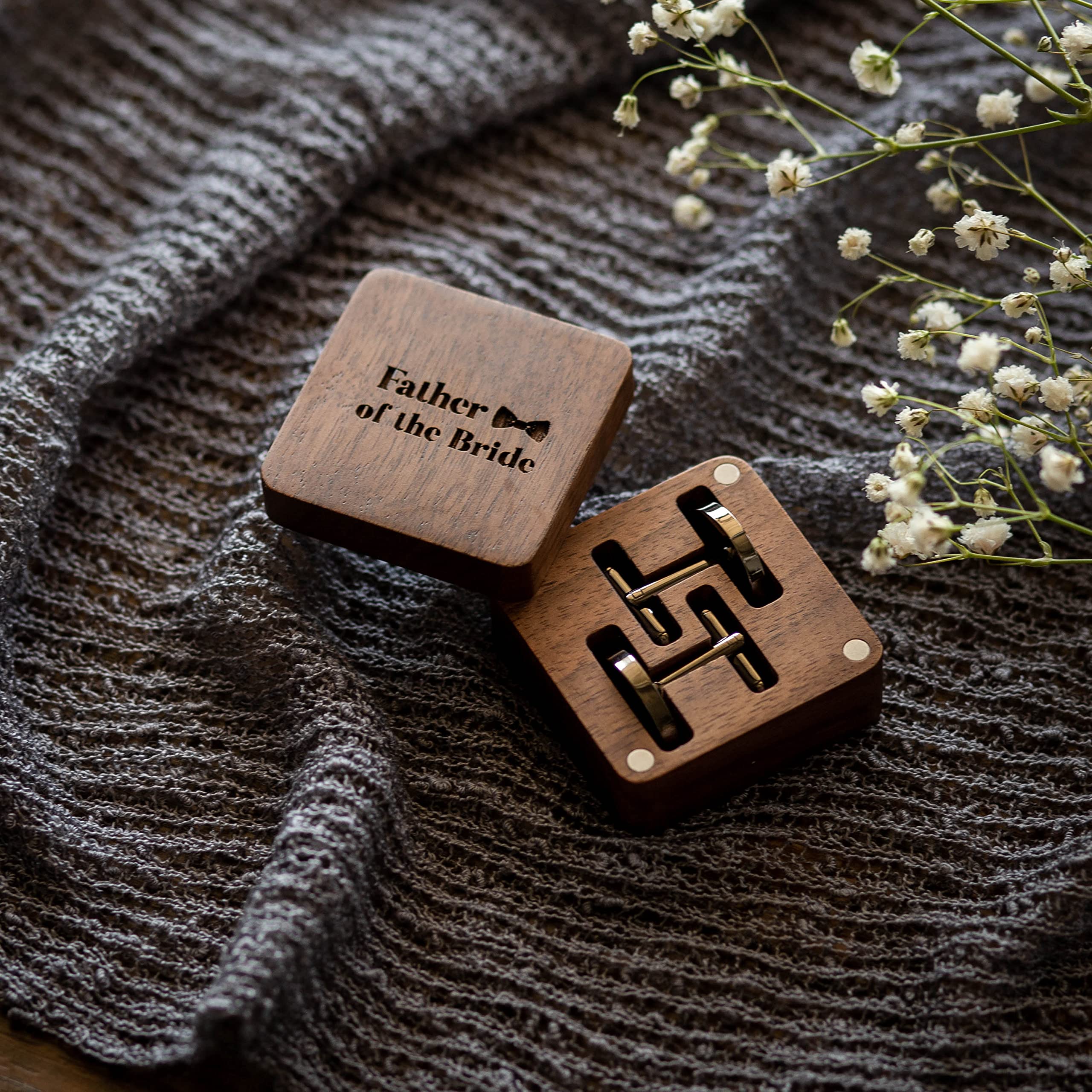 MUUJEE Cufflinks with Engraved Wood Gift Box - Father Of The Bride Gift on Wedding Day Marriage Ceremony for Dad FIL from Daughter Son In Law, Tuxedo Dress Shirt Studs Accessory, Meaningful Keepsake