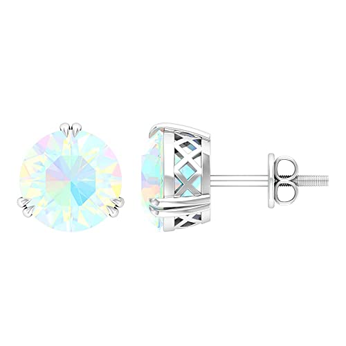 Natural Ethiopian Opal Solitaire Stud Earrings, Certified 8 MM Rainbow Opal, AAA Quality, October Birthstone Earrings, 14K White Gold