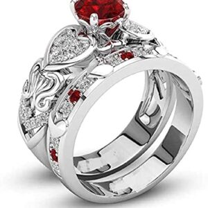 3Ct Round Cut Red Garnet & Diamond Flower Inspired Wedding Bridal Ring Set 14k White Gold Finish (8)