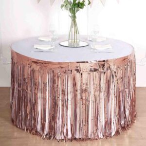 Tableclothsfactory 30" x9FT Metallic Foil Fringe Table Skirt, Self Adhesive Party Table Skirt - Blush | Rose Gold