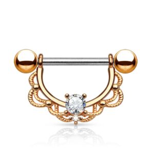 pair of cz fligree 14k gold plated surgical steel nipple rings barbells 14g 5/8" - rose gold