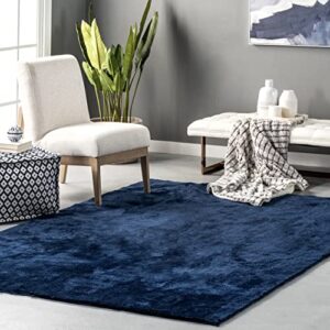 nuloom loni solid 5x8 machine washable shag area rug for living room bedroom dining room nursery, navy/ivory