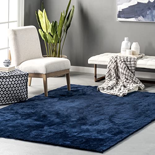 nuLOOM Loni Solid 5x8 Machine Washable Shag Area Rug for Living Room Bedroom Dining Room Nursery, Navy/Ivory