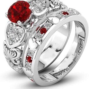 3Ct Round Cut Red Garnet & Diamond Flower Inspired Wedding Bridal Ring Set 14k White Gold Finish (8)