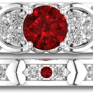 3Ct Round Cut Red Garnet & Diamond Flower Inspired Wedding Bridal Ring Set 14k White Gold Finish (8)