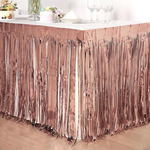 Tableclothsfactory 30" x9FT Metallic Foil Fringe Table Skirt, Self Adhesive Party Table Skirt - Blush | Rose Gold