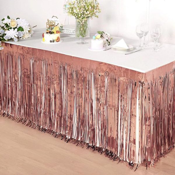 Tableclothsfactory 30" x9FT Metallic Foil Fringe Table Skirt, Self Adhesive Party Table Skirt - Blush | Rose Gold