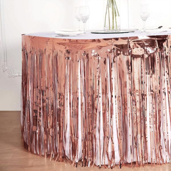 Tableclothsfactory 30" x9FT Metallic Foil Fringe Table Skirt, Self Adhesive Party Table Skirt - Blush | Rose Gold