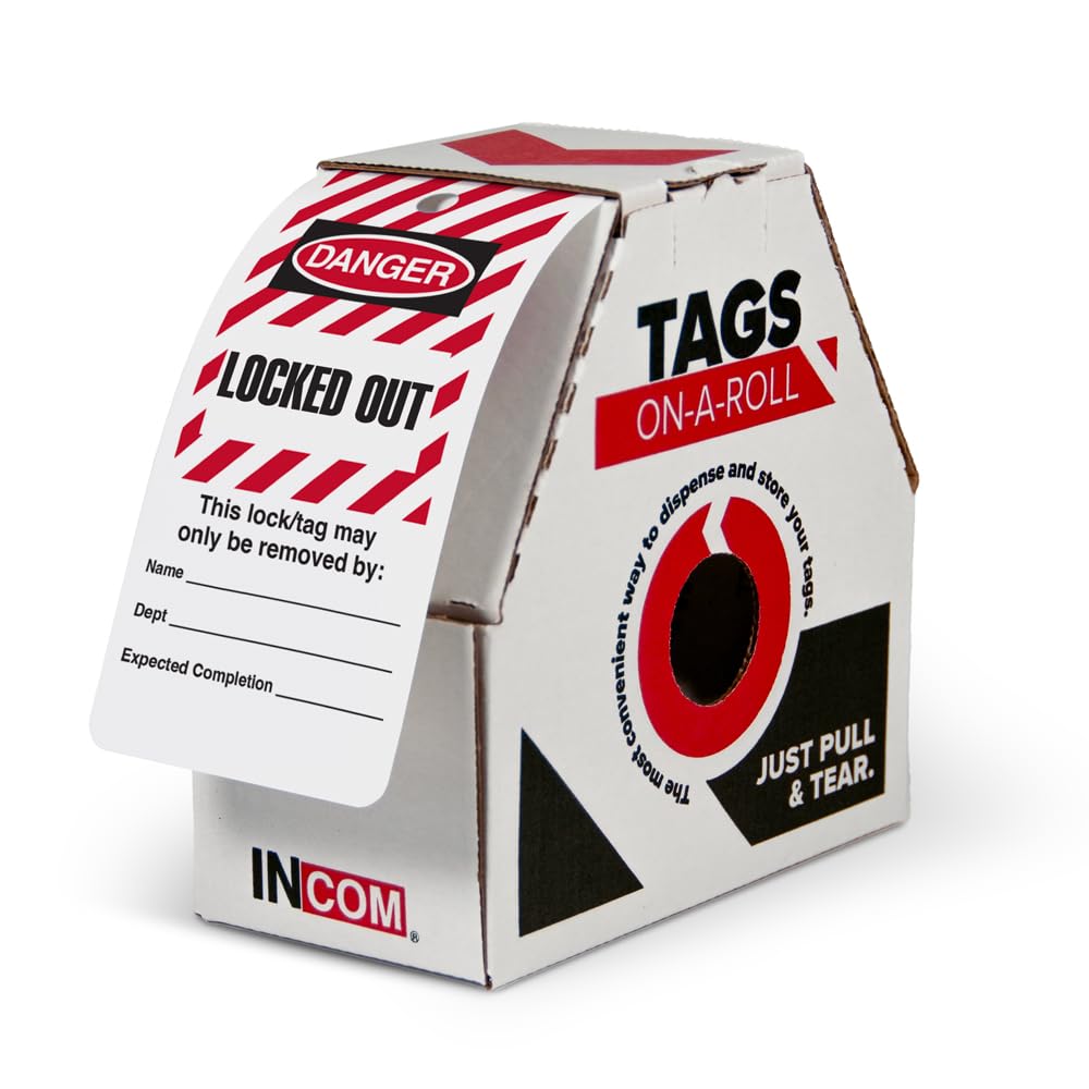 INCOM Manufacturing Lockout Tags On A Roll, Danger Locked Out, Heavy-Duty Polytag Stock, Waterproof and Tear-Resistant, Red/Black On White, 6.25 Inch X 3 Inch X 10 Mil Thickness, 100 pack, RT6027C