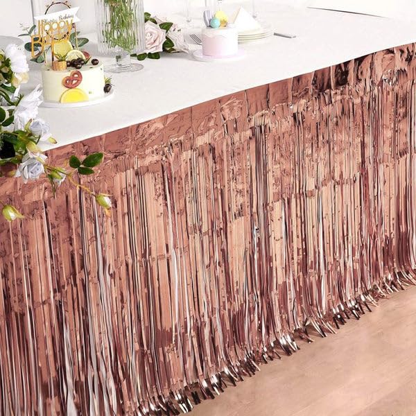 Tableclothsfactory 30" x9FT Metallic Foil Fringe Table Skirt, Self Adhesive Party Table Skirt - Blush | Rose Gold