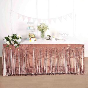 tableclothsfactory 30" x9ft metallic foil fringe table skirt, self adhesive party table skirt - blush | rose gold