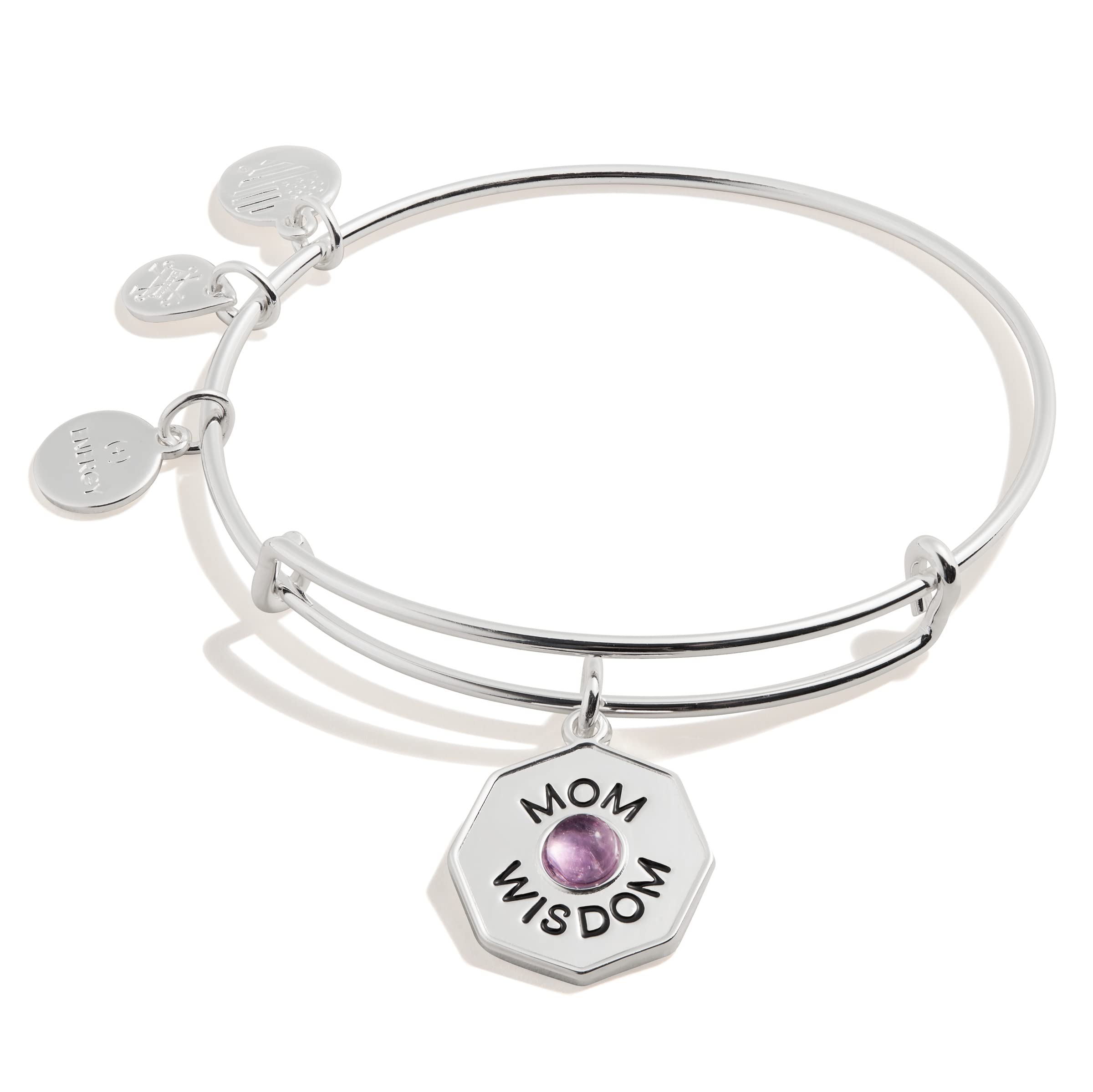 Alex and Ani Mother’s Day Expandable Wire Bangle Bracelet for Women, Mom/Wisdom Charm, Shiny Silver Finish, 2 to 3.5 in