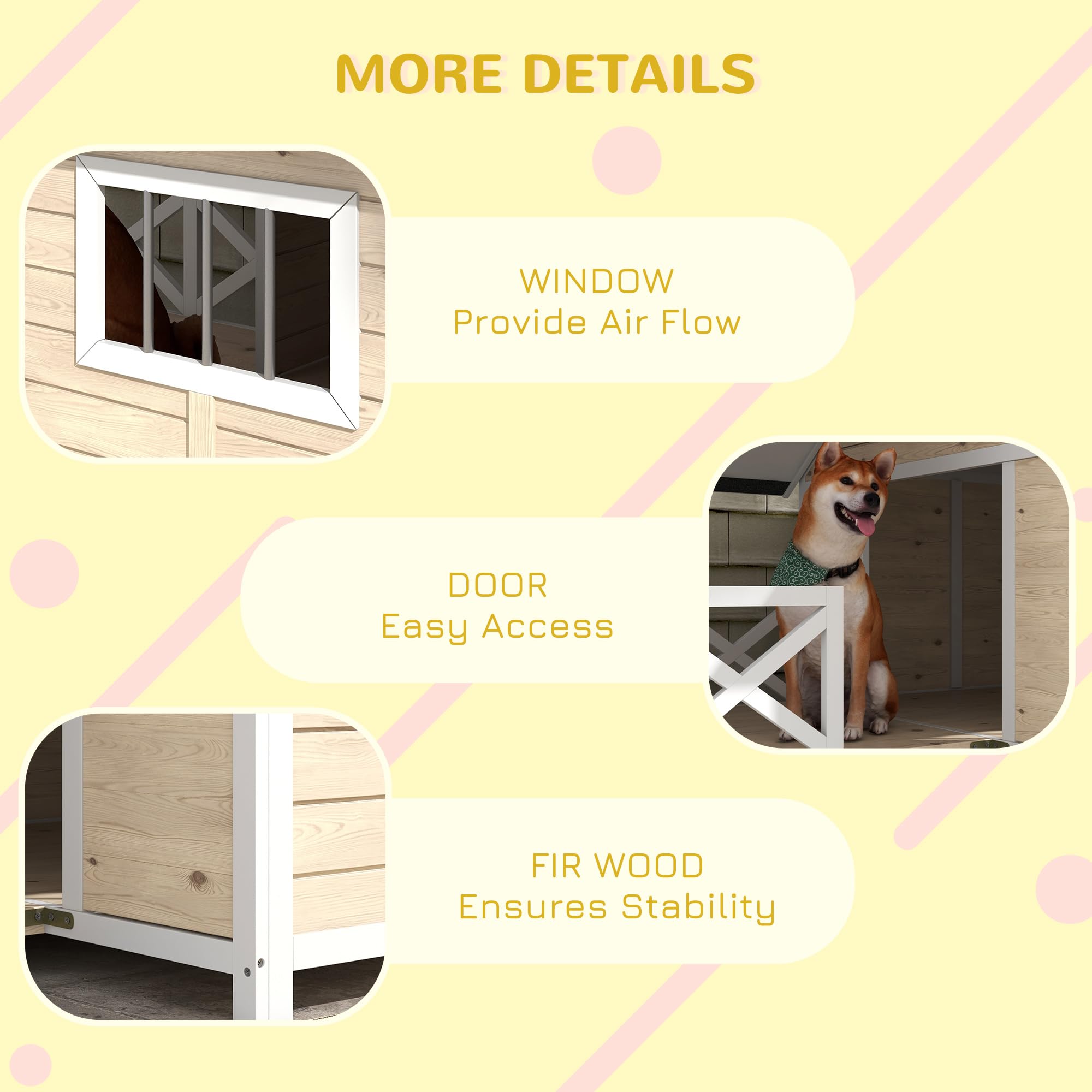 PawHut Wooden Dog House Outdoor with Porch, Raised Pet Kennel for Medium Large Dogs, with Asphalt Roof, Front Door, Side Windows, Gray