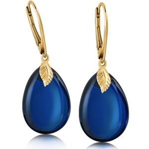 blue amber earrings for women - yellow gold plated silver closure, polished drop amber, 1.69x0.59inch 0.19oz lightweight semi precious stone, dainty jewelry for ladies - amber by mazukna