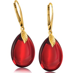 amber by mazukna - cherry red amber earrings for women - yellow gold plated silver leverback closure - 1.69x0.59inch 0.19oz- dainty natural gemstone drop jewelry