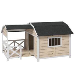 pawhut wooden dog house outdoor with porch, raised pet kennel for medium large dogs, with asphalt roof, front door, side windows, gray