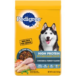 pedigree high protein adult dry dog food chicken and turkey flavor dog kibble, 16 lb. bag